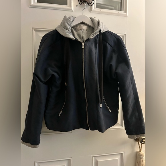 Zara | Jackets & Coats | Zara Navy Blue Utility Jacket With Gray Hood ...